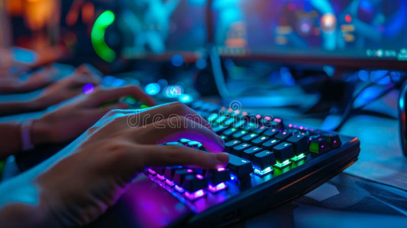 Dynamic Scene of Gamers Vividly Lit Gaming Keyboard with Hands Typing ...