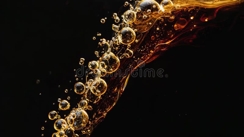 Golden Liquid and Bubbles in Motion on Black Background for Abstract Art Design Generative AI ...