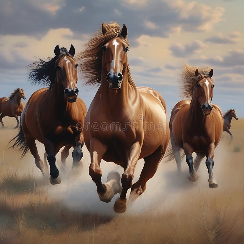 Dynamic Scene of a Group of Horses Galloping Across a Grassy Landscape ...