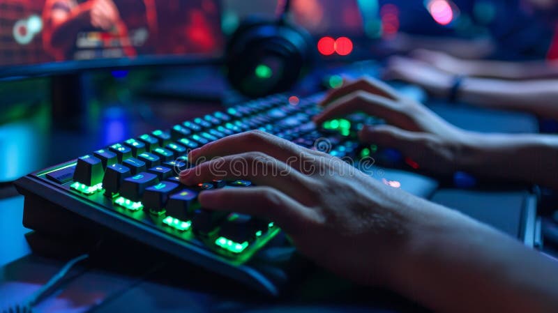 Dynamic Scene of Hands Typing on a Vibrant Gaming Keyboard with Gamers ...