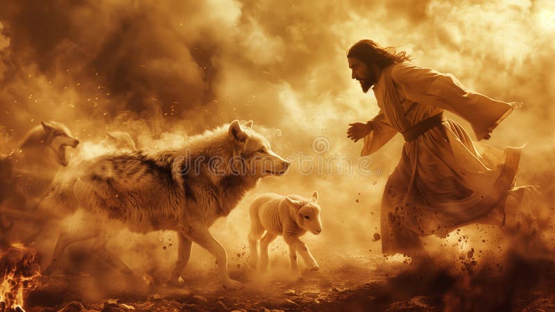 A Dynamic Scene of Jesus Running Towards a Wolf a Stock Illustration ...