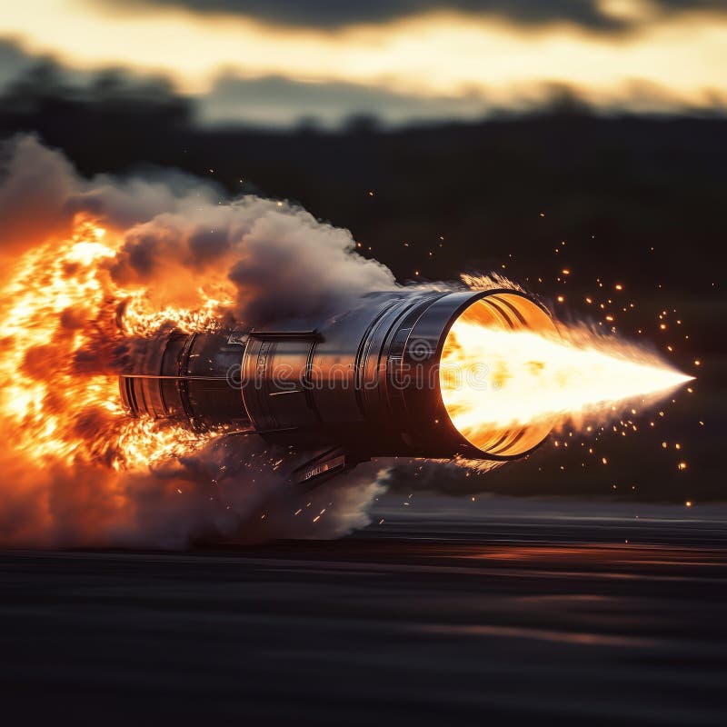 Powerful Jet Engine in Flight Emitting Flames at Dusk Stock Image ...
