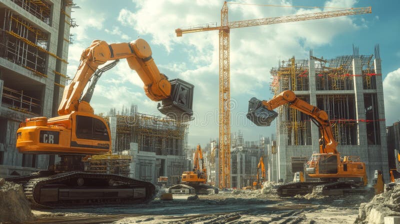 Construction Site with Excavators and Cranes Under Clear Sky Stock ...