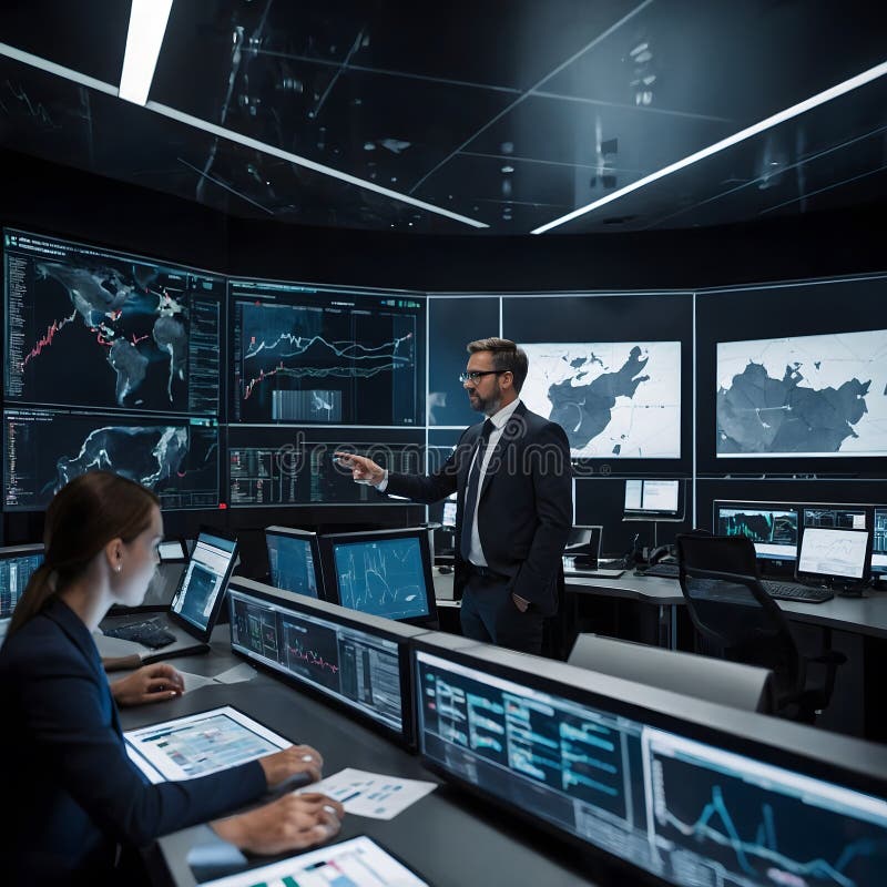 Manager Overseeing Team in High-Tech Control Room with Projected Data ...