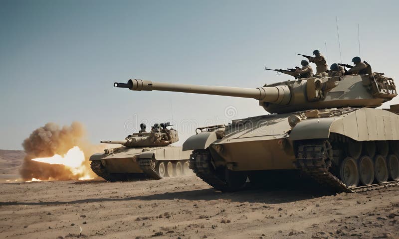 A Dynamic Scene of a Modern Battlefield, Where Tanks Advance Alongside ...