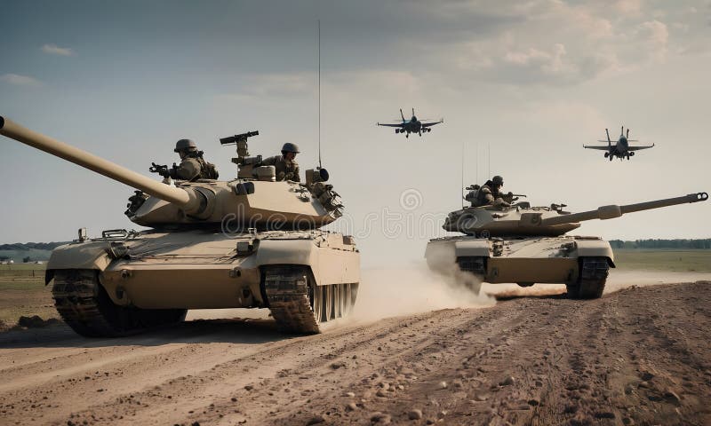 A Dynamic Scene of a Modern Battlefield, Where Tanks Advance Alongside ...
