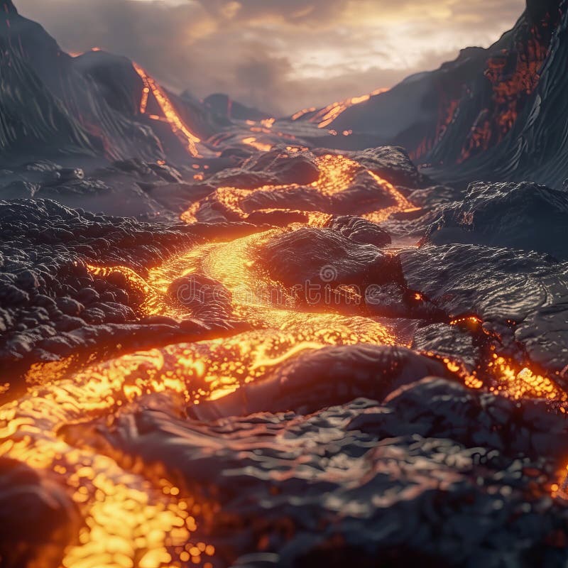 A Dynamic Scene of Molten Lava Flowing through the Rugged Terrain of a ...