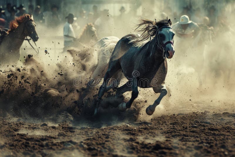 A Dynamic Scene of Multiple Horses Running through a Dusty Field with ...