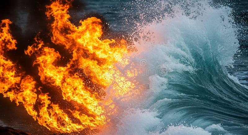 A Dynamic Scene of Opposing Elements: Fiery Orange Flames Clash with a ...