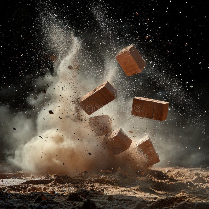 Dynamic Scene of a Pile of Bricks Dramatically Falling through the Air ...