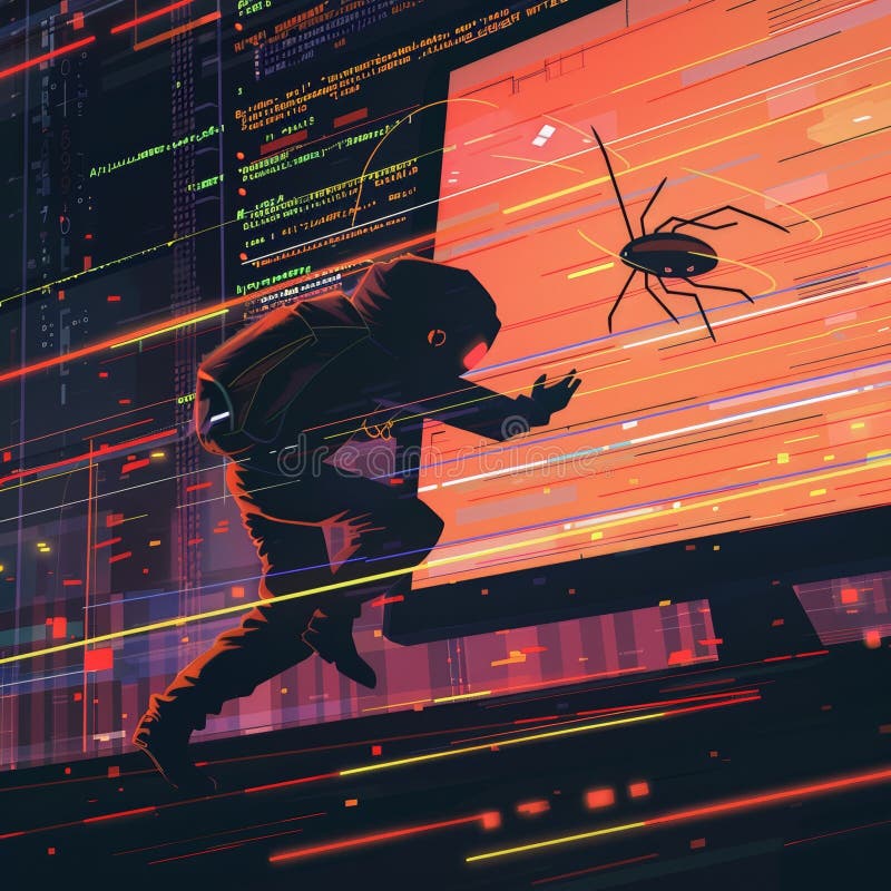 A Dynamic Scene Of A Programmer Chasing After A Literal Bug Sprinting Across Lines Of Code On A