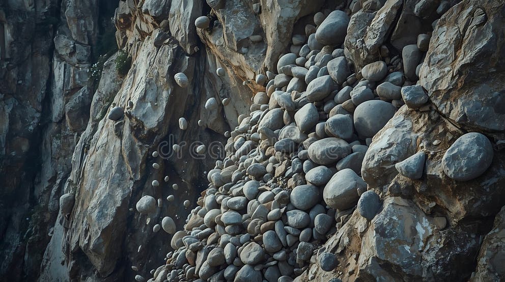 Dynamic Scene of Rocks Cascading Down a Rocky Hillside Stock ...