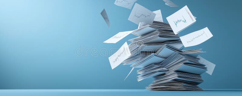 A Dynamic Scene of Scattered Papers Flying Amidst a Blue Background ...