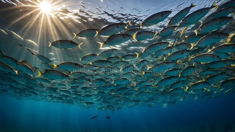 United in Motion: Ray-Finned Fish School Swimming Together Stock ...