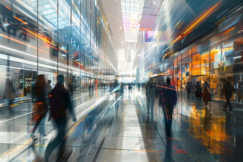 Dynamic Scene of Shoppers in a Contemporary Mall with Glass Storefronts ...