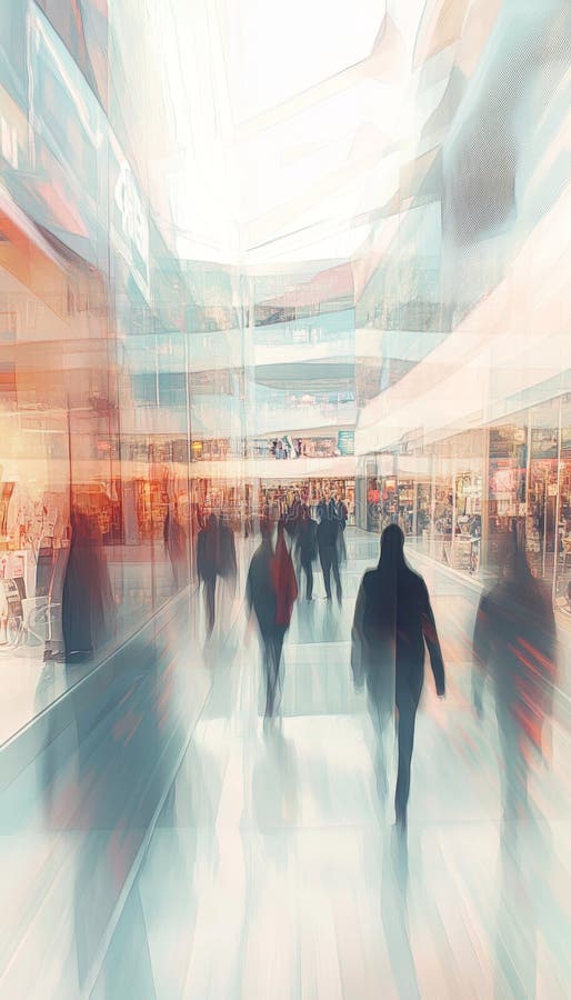 Dynamic Scene of Shoppers in a Modern Mall with Glass Facade and Motion ...