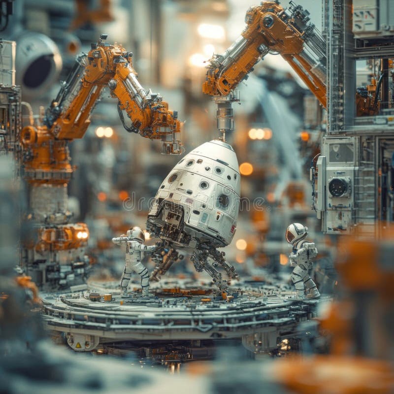 Futuristic Robotics Laboratory with Robots and Spacecraft Assembly ...