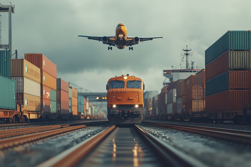 Dynamic Cargo Train and Airplane in Industrial Scene Stock Image ...