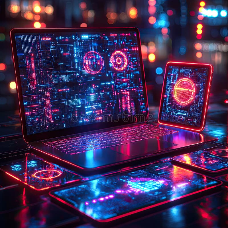 Futuristic Cyberpunk Tech Display Laptop, Tablet and Smartphone ...