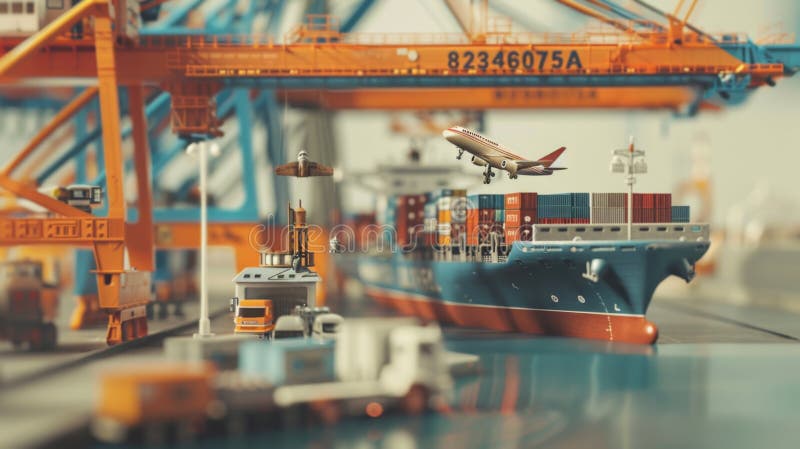 Multimodal Transportation Logistics Scene with Cargo Ship, Airplane ...
