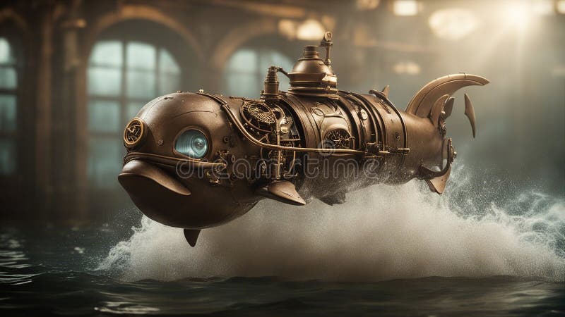 A Dynamic Scene of a Steampunk Dolphin Fish, with Wires, Propellers ...