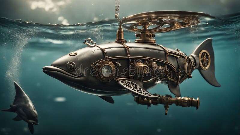 A Dynamic Scene of a Steampunk Dolphin Fish, with Wires, Propellers ...