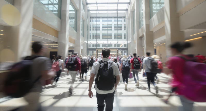 Dynamic Scene of Students Moving through a Modern University Campus ...
