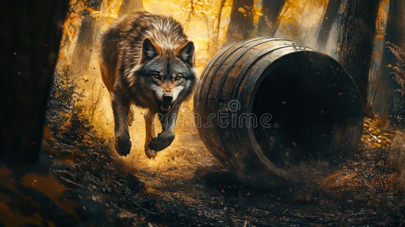 Wolf Running in an Autumn Forest with a Wooden Barrel Stock Image ...