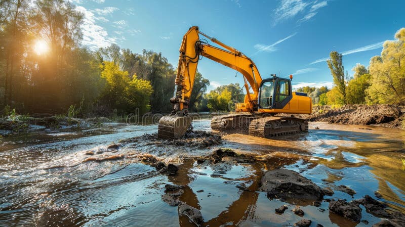 Dynamic Scene of a Yellow Excavator Operating in a River Under a Clear ...