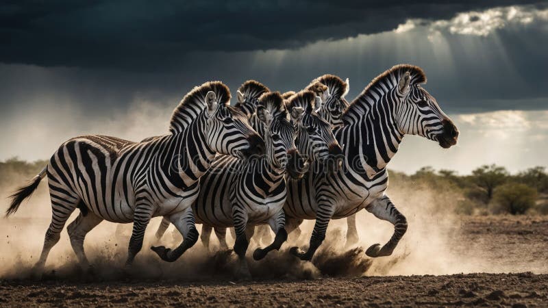 A Dynamic Scene of Zebras Running through Dusty Terrain Under Dramatic ...