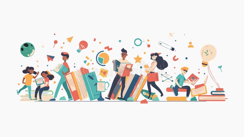 Dynamic School Banner with Children Students Studying Learning Together ...