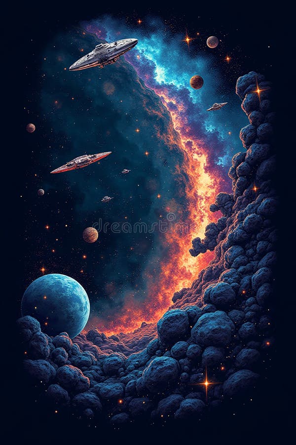 Dynamic Sci-Fi Space Scene with Multiple UFOs Flying through Glowing ...