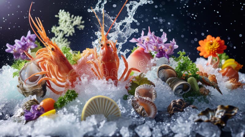 Dynamic Seafood Display with Vibrant Flowers and Ice Stock Photo ...