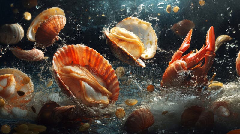 Dynamic Seafood Splash: Clams, Scallops and Crayfish Stock Illustration ...