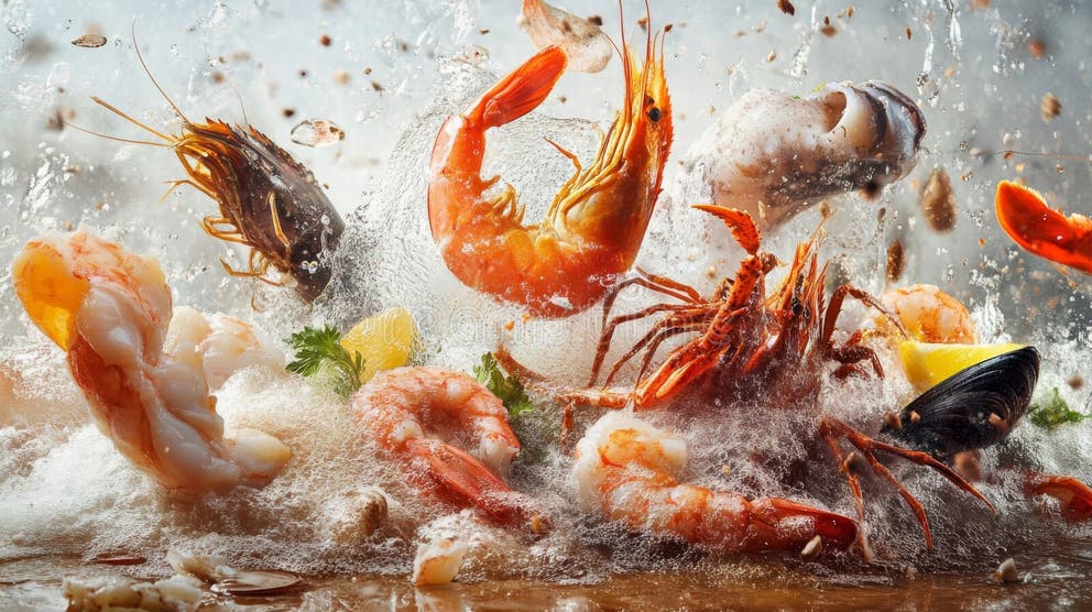 Dynamic Seafood Splash: Shrimp, Lobster, and Shellfish Stock ...