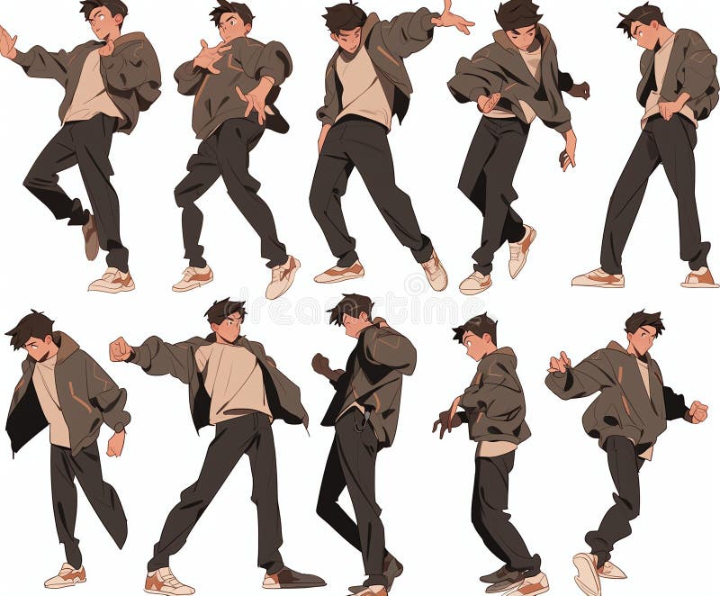 Dynamic Sequence Nine Illustrations Featuring Male Character Various ...