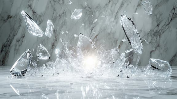 Dynamic Shattering of Crystal Glass on Marble Background Stock ...