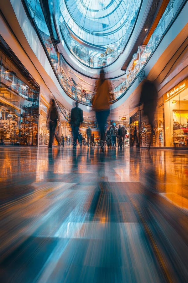 Dynamic Shopping Mall Scene with Modern Architecture and Vibrant ...
