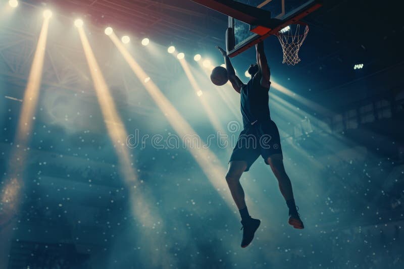 Silhouetted Basketball Player Dunking Under Stadium Lights. Highlighting Athleticism and Sports ...
