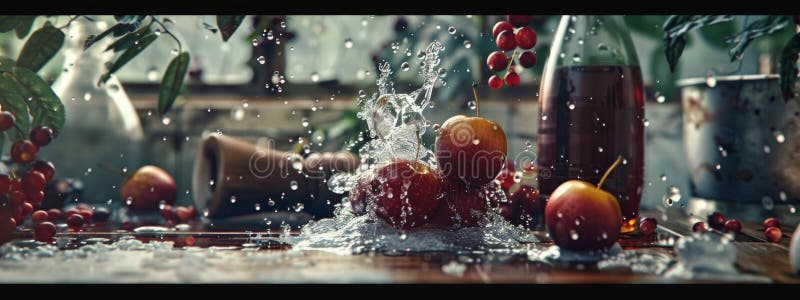 Dramatic Splash of Water Hitting Fresh Apples in a Rustic Kitchen Stock ...