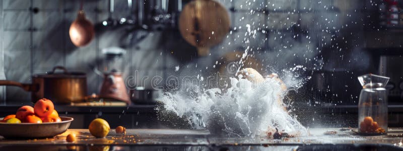 Splash of Milk with Apples and Lemons in a Dramatic Kitchen Setting ...