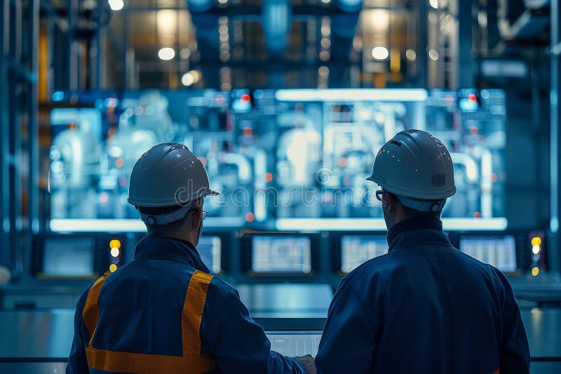 Two Engineers Discussing Work in a High-tech Power Plant Control Room ...