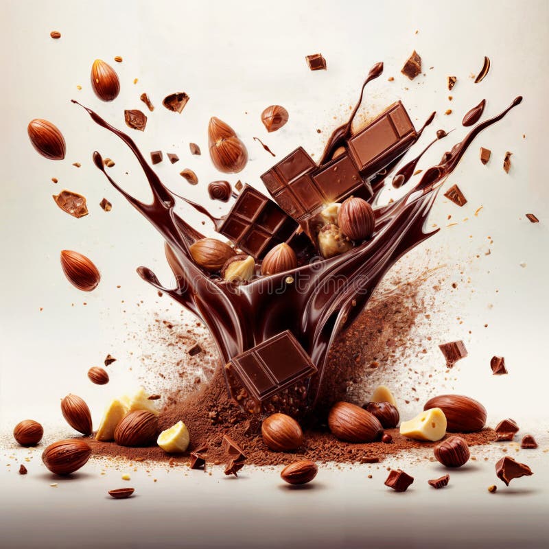 A Dynamic Shot of Chocolate and Nuts Exploding from a Splash of Melted ...