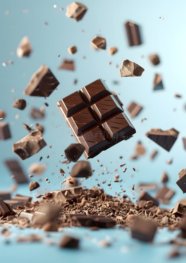 Dynamic Shot of Chocolate Pieces Exploding on Blue Background Stock ...