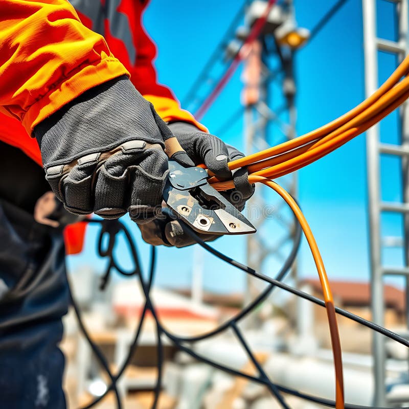 A Dynamic Shot of an Electrician Using Cable Cutters To Trim a Bundle ...
