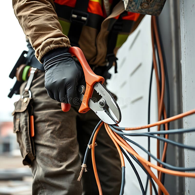 A Dynamic Shot of an Electrician Using Cable Cutters To Trim a Bundle ...