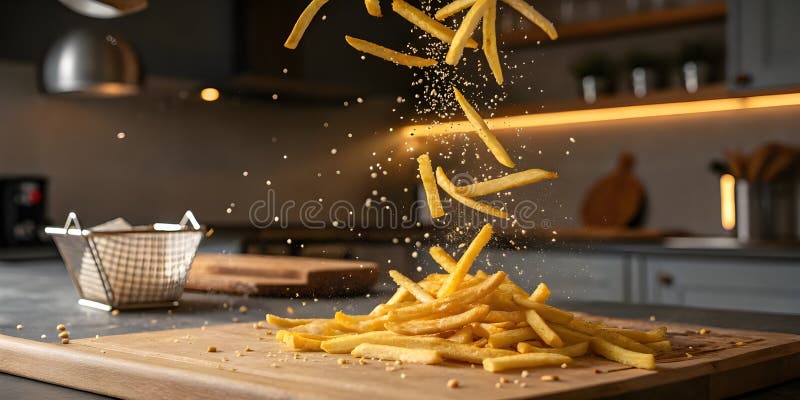 Dynamic Shot of French Fries Mid-Air with Dramatic Lighting Stock ...