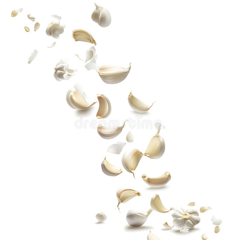 Dynamic Shot of Garlic Cloves Dropping Against Clean White Backdrop ...