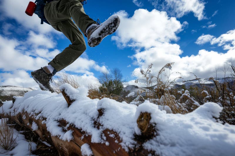 Dynamic Shot of a Hiker Jumping Over a Snowcovered Log Stock Image ...