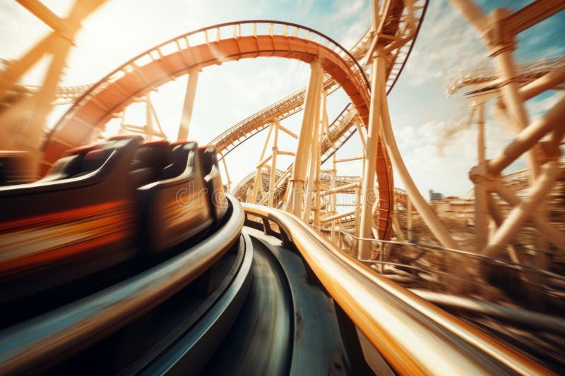 A Dynamic Shot of Kinetic Roller Coasters Speeding Down Steep Drops ...